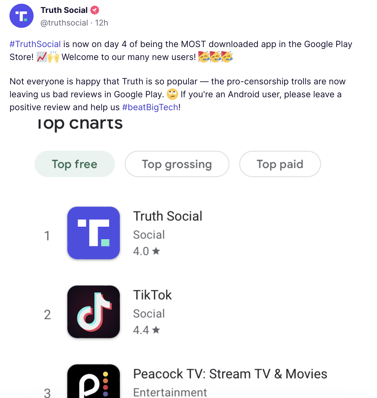 Truth Social continues to top the charts in the Google Play Store