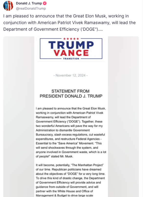 Trump announces the Department of Government Efficiency (DOGE) to be ...