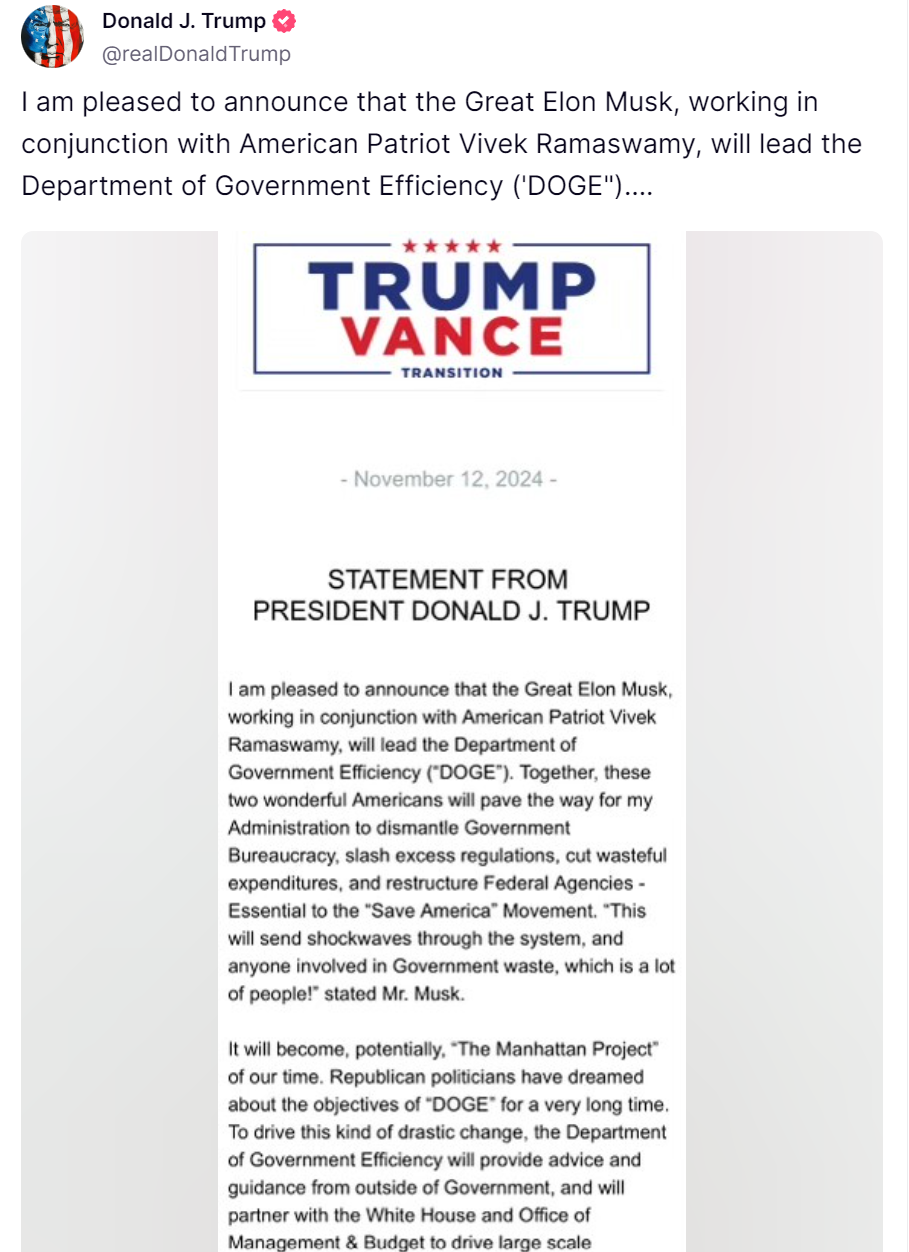 Trump announces the Department of Government Efficiency (DOGE) to be ...