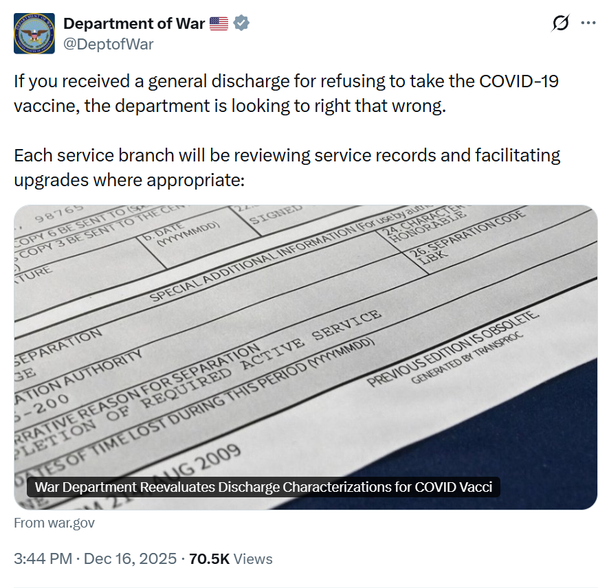 Department of War seeks to update discharge status for service members ...