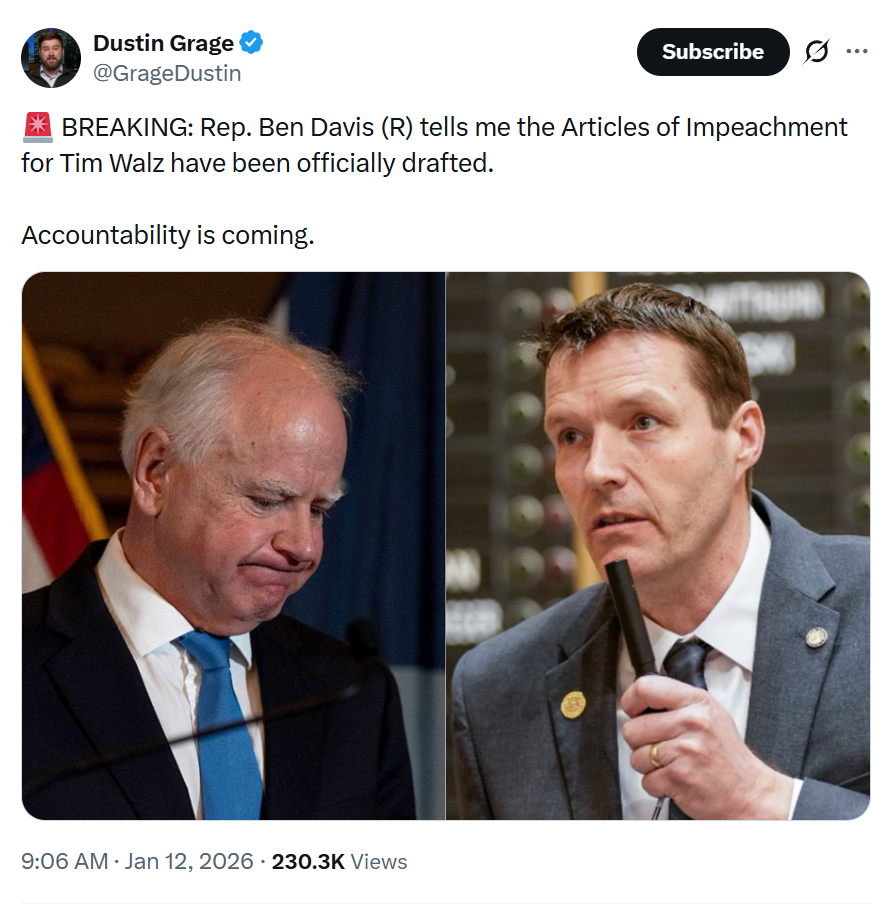 Minnesota state Rep. drafts Articles of Impeachment to oust Gov. Tim Walz